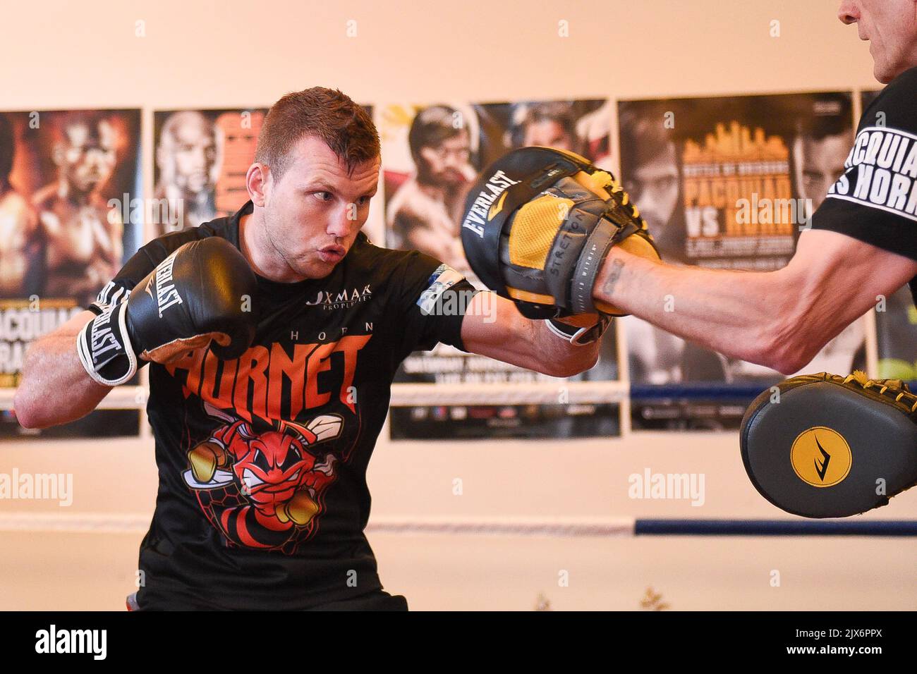 Jeff Horn (left) trains with Glenn Ruston during a training session in ...