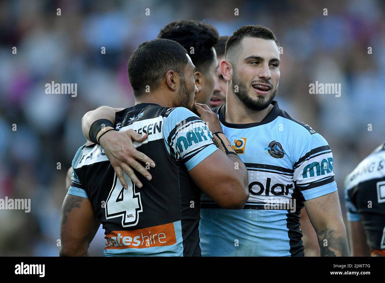 Ricky Leutele of the Sharks, (left), celebrates with Jack Bird after ...