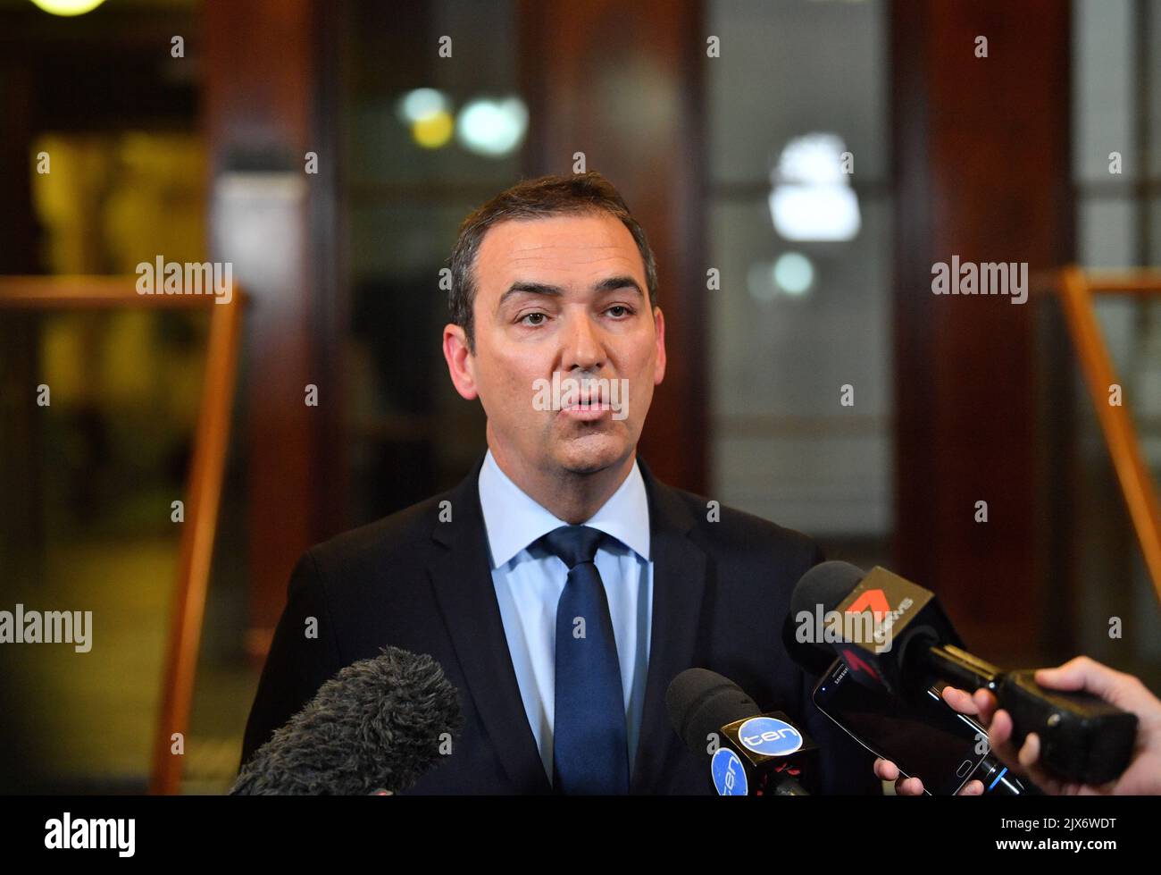 South Australian Liberal leader, Steven Marshall speaks to the media at ...