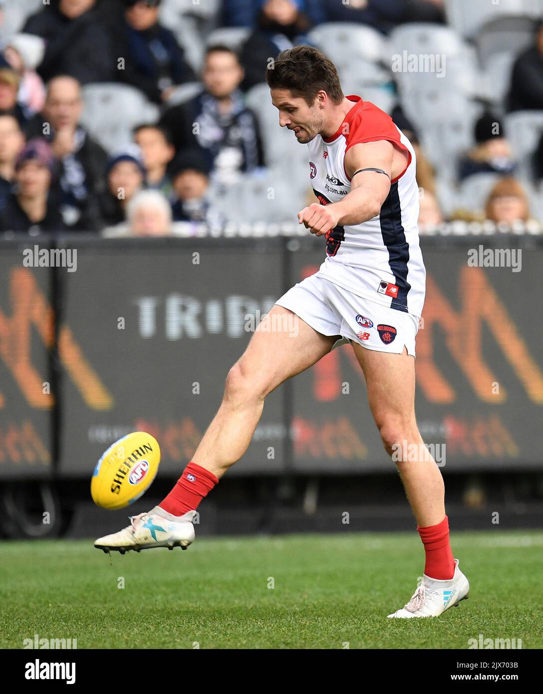 Jesse Hogan of the Demons is seen in action during the Round 16 AFL ...