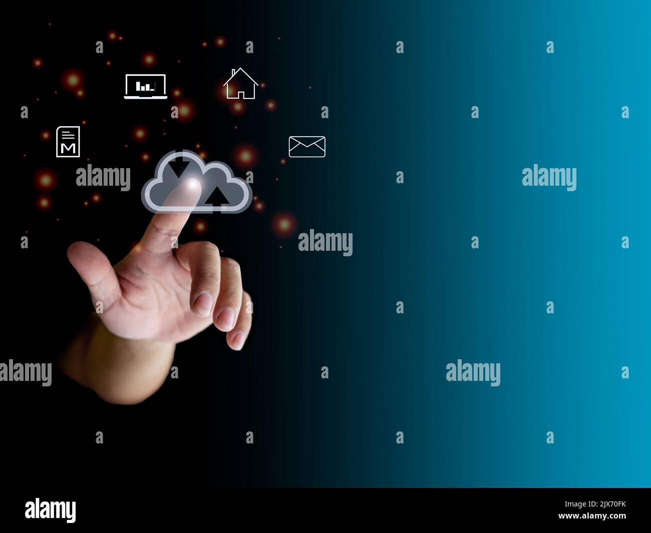 human finger pointing at the cloud show global data transfer with cloud ...