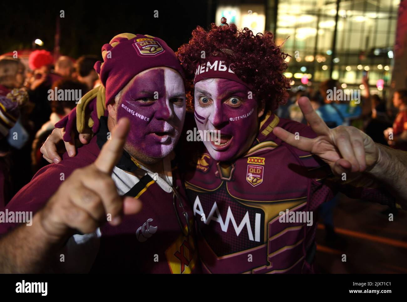 Maroons fans pose for a photo before the start of State of Origin Game ...