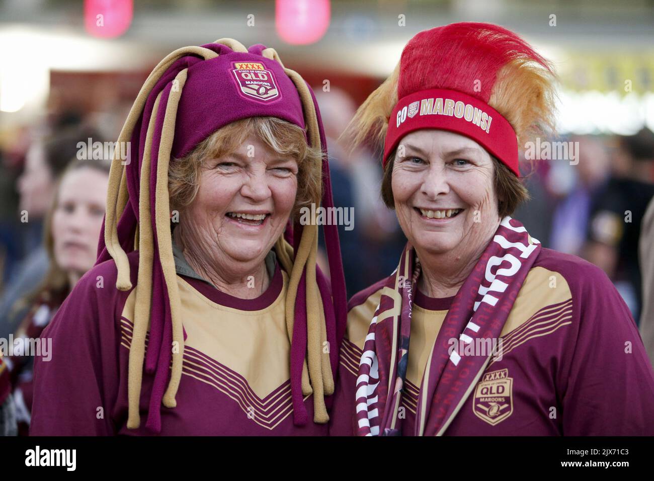 L-R, Maroons fans Sally Perram and Sue Dunn outside Suncorp Stadium ...