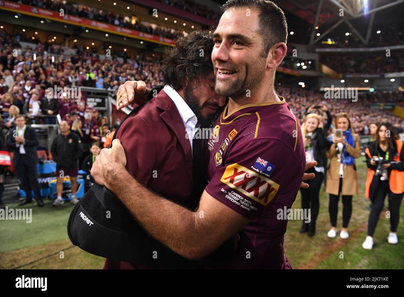 Cameron Smith of the Queensland Maroons reacts with an emotional ...