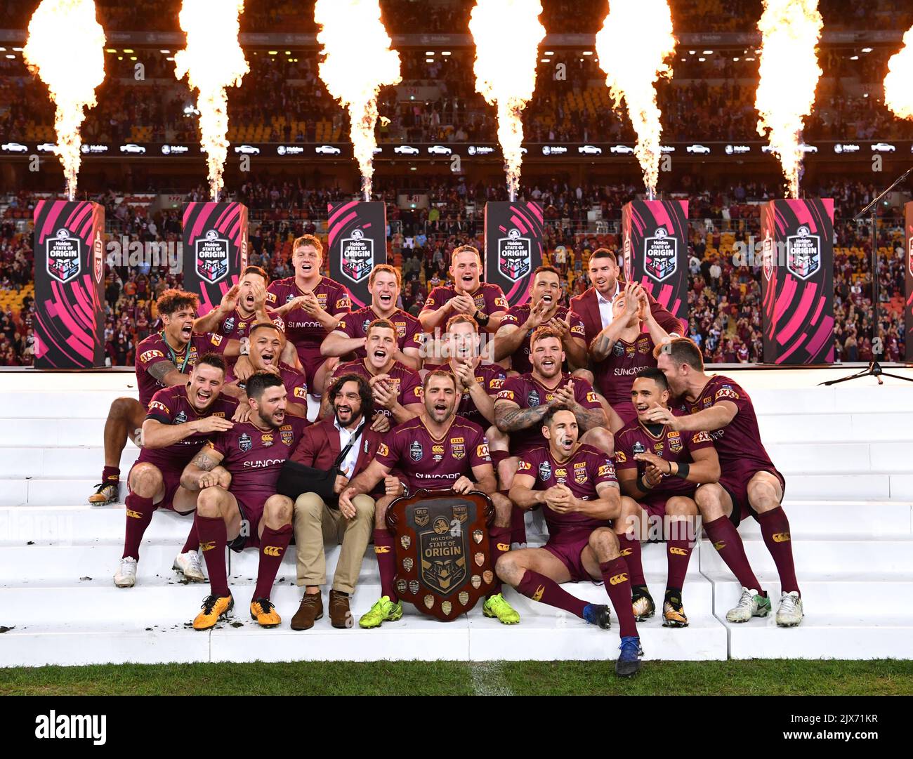 Queensland pose for a team photograph after winning the 2017 State of Origin series at Suncorp ...
