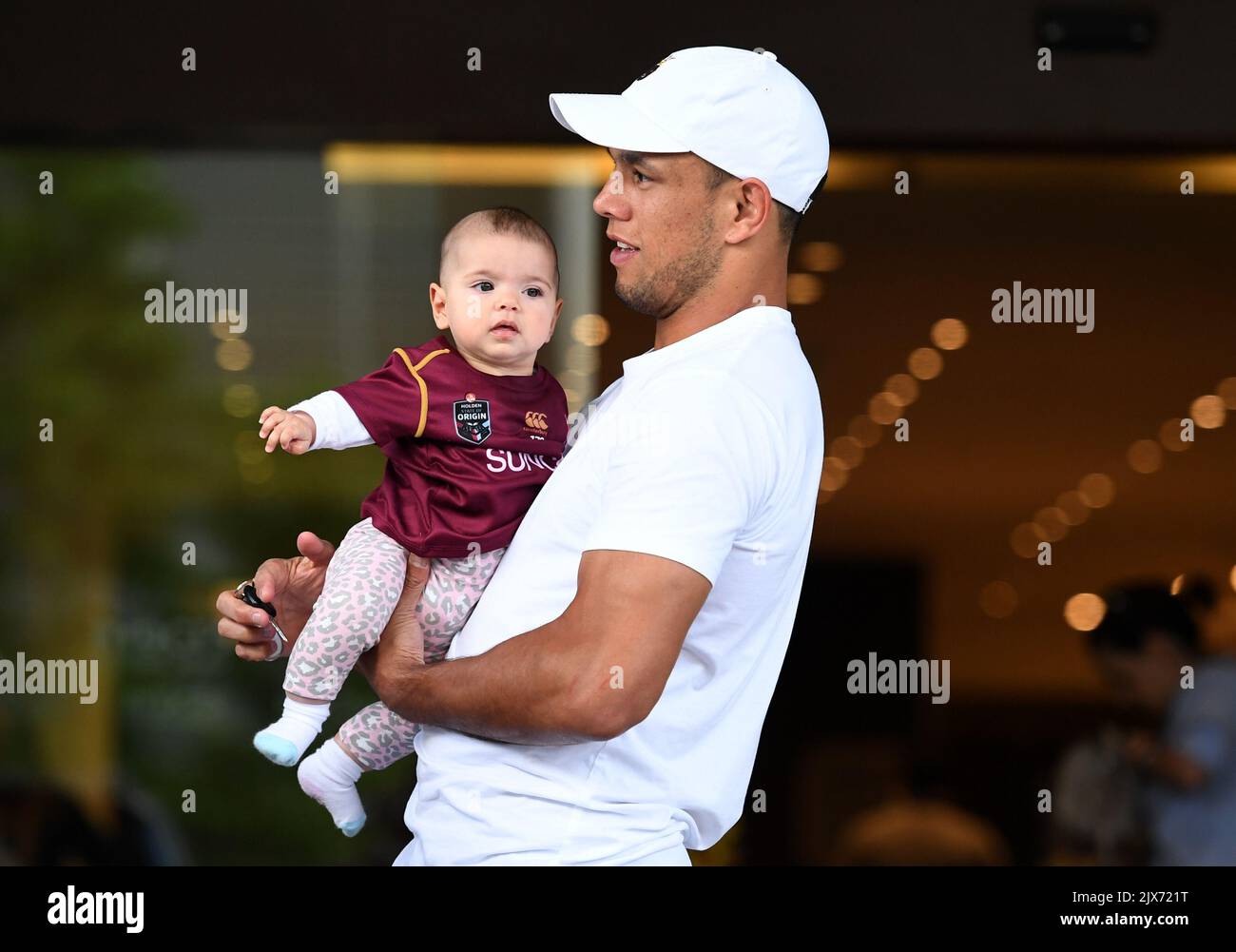 Queensland Maroons player Will Chambers and his child leave the team's ...