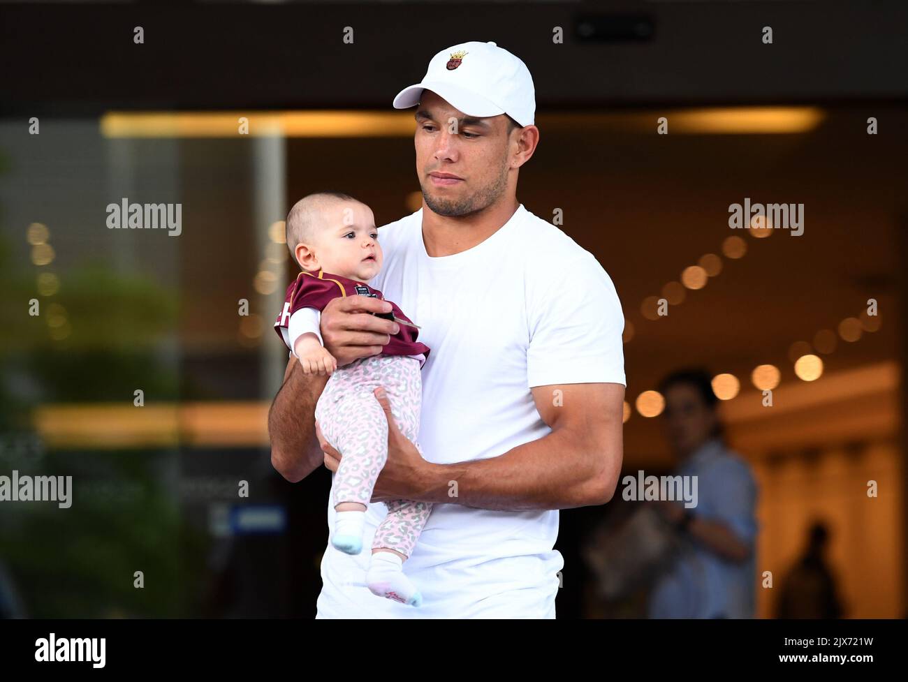 Queensland Maroons player Will Chambers and his child leave the team's ...