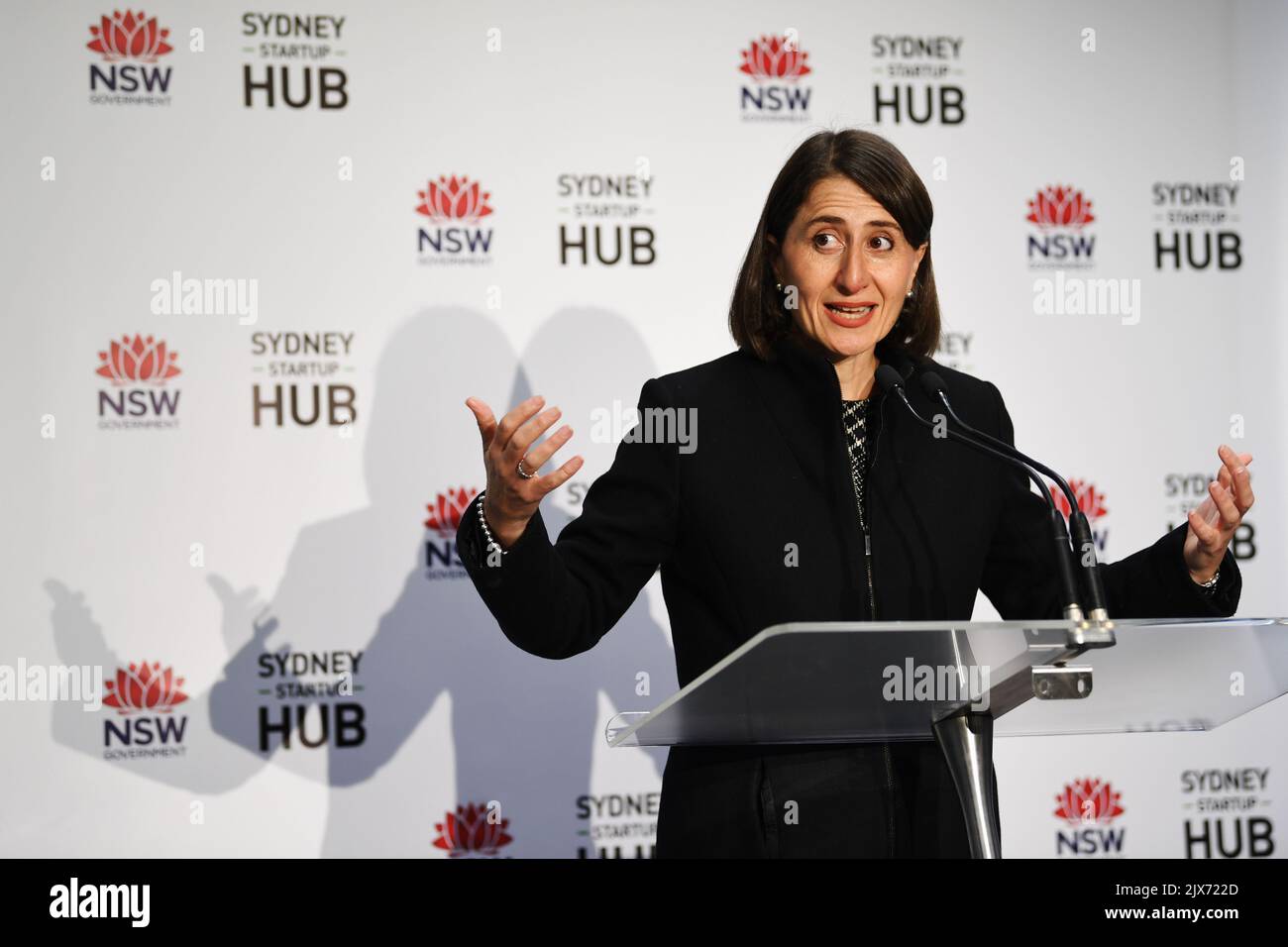 NSW Premier Gladys Berejiklian gestures while making an announcement ...