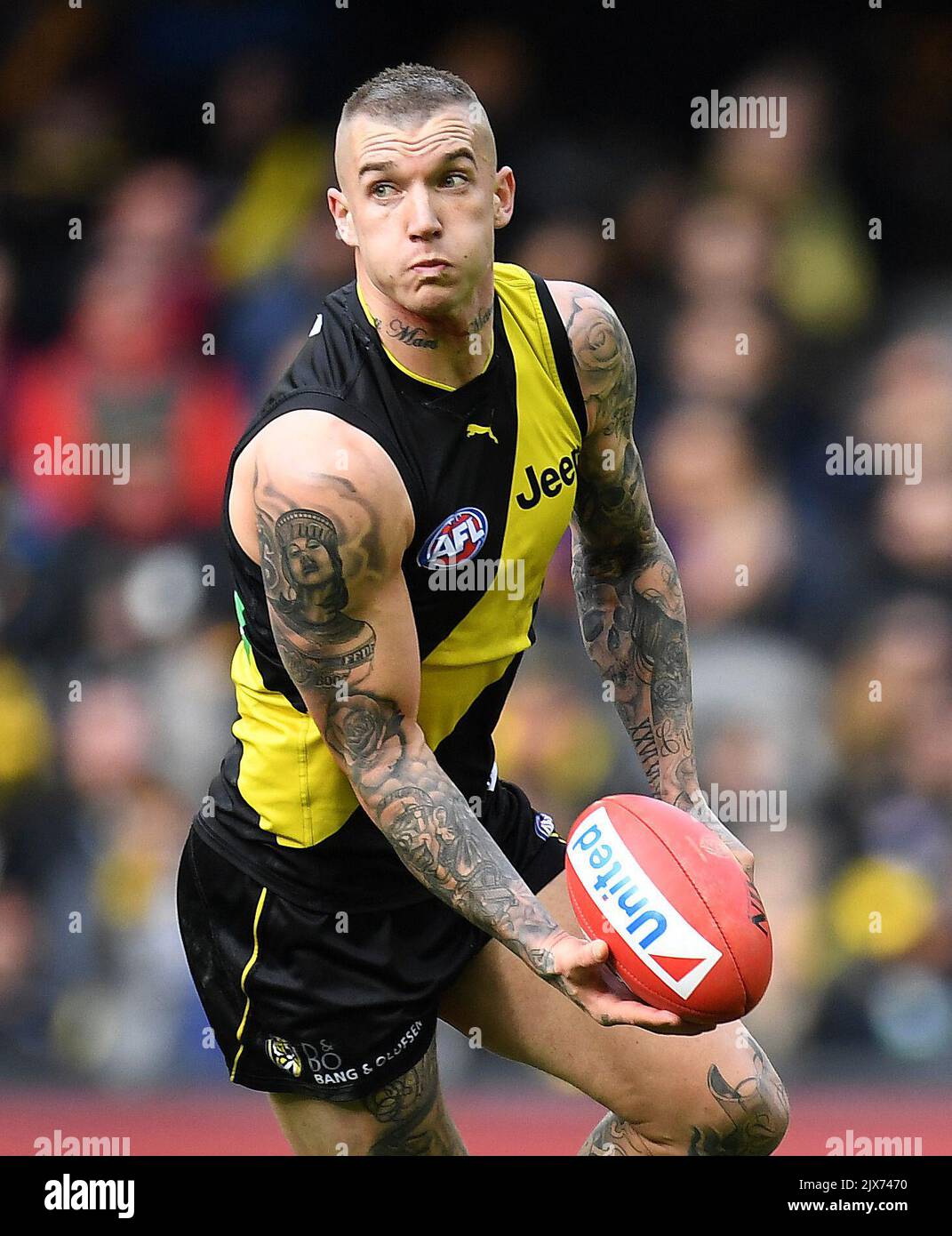 Dustin Martin of the Tigers is seen in action during the Round 17 AFL ...