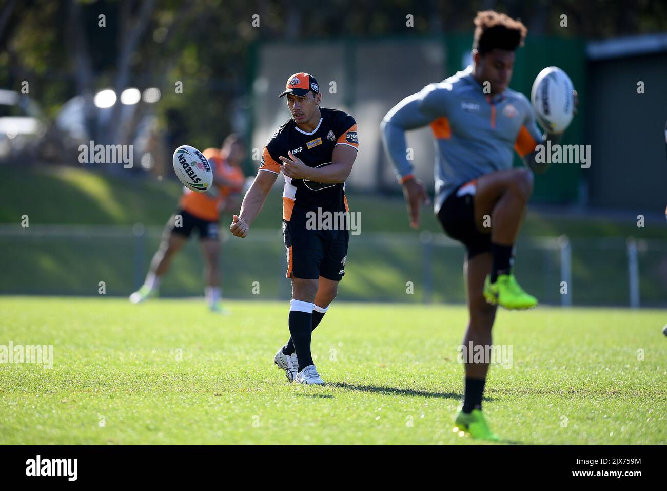 Wests Tigers player Elijah Taylor takes part in a training session at ...