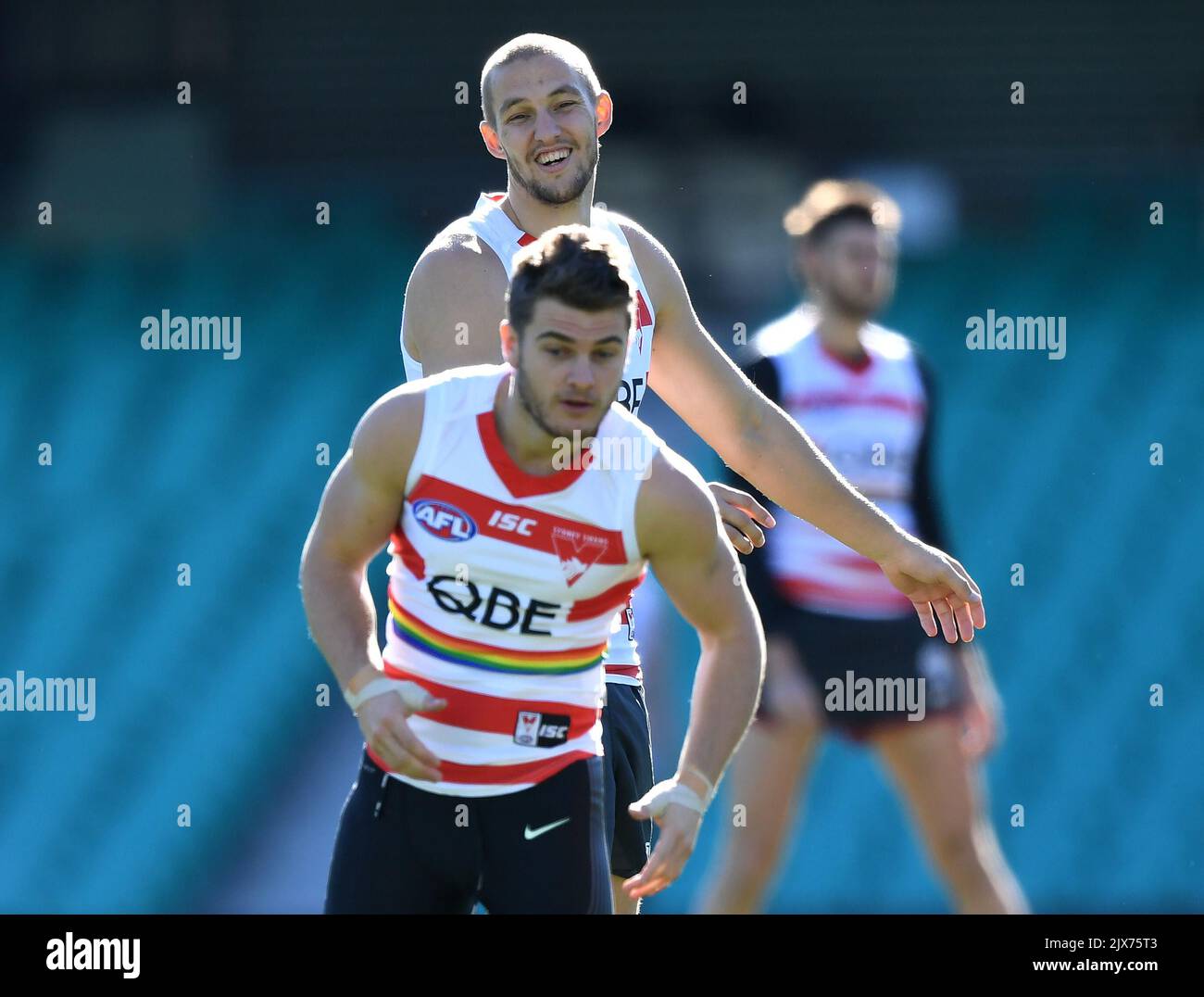 Sam Reid of the Sydney Swans reacts as he stands behind team mate Tom ...