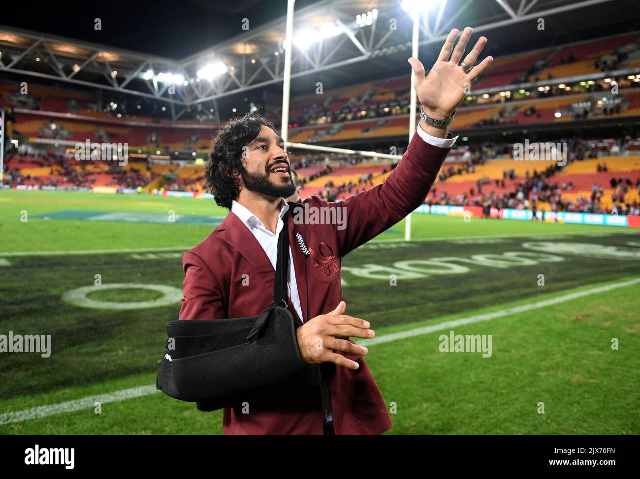Maroon legend Johnathan Thurston waves to cheering fans after the ...