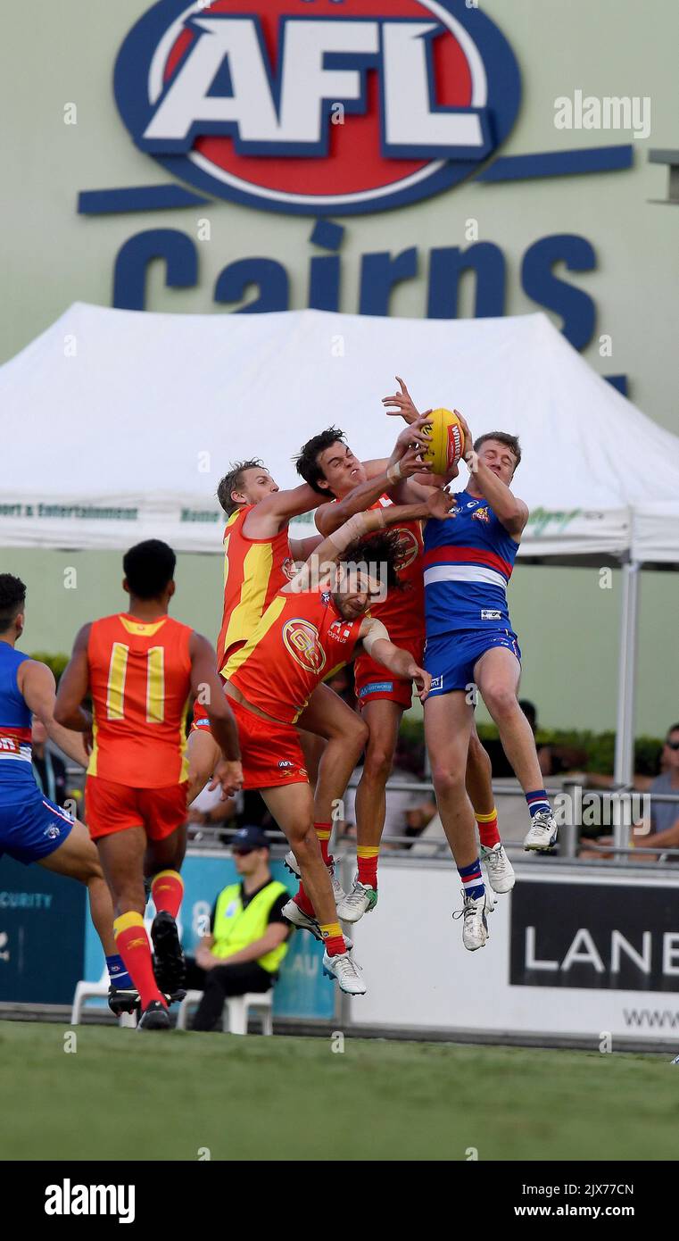 Jack McRae of the Bulldogs (right) takes a mark during the Round 18 AFL ...