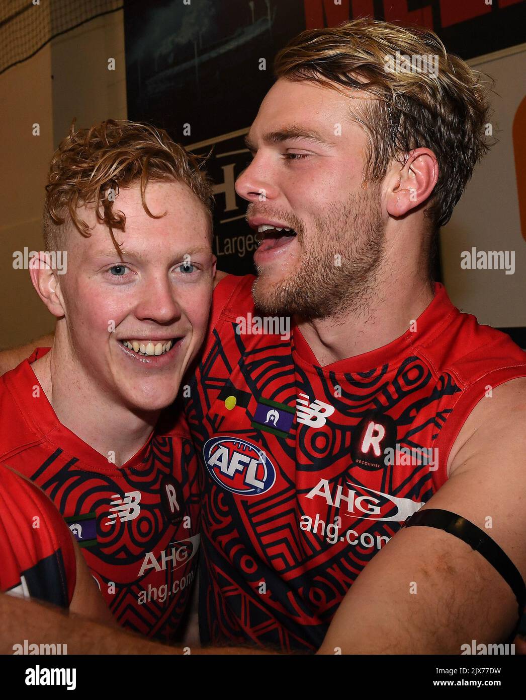 Clayton Oliver (left) and Jack Watts of the Demons react after the ...
