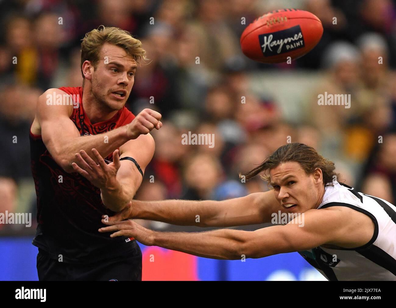 Jack Watts of the Demons (left) and Jared Polec of the Power contest ...