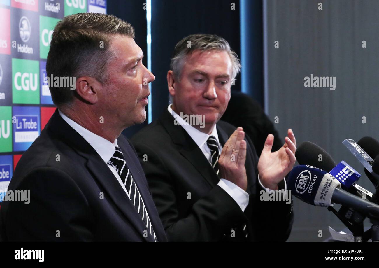Collingwood AFL club CEO Gary Pert (l) announces his resignation at a ...