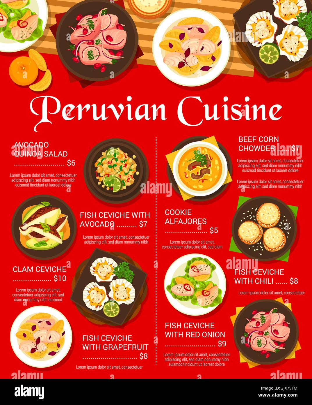 Peruvian cuisine menu page template. Fish ceviche with grapefruit and ...