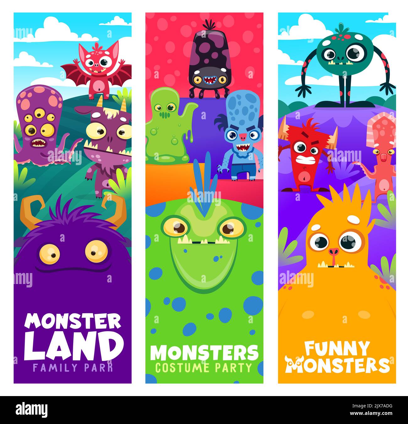 Cartoon monster characters. Vertical backgrounds or vector banners with ...
