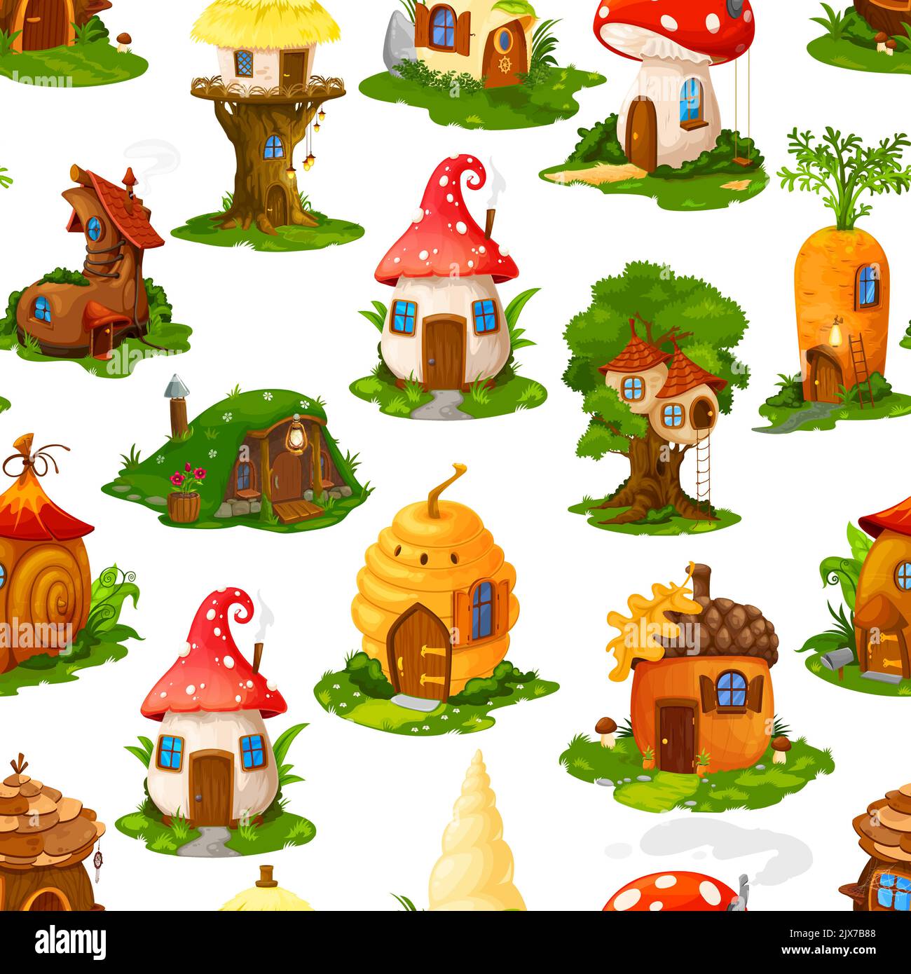 Seamless pattern of cartoon fairytale houses and dwellings of gnome elf ...