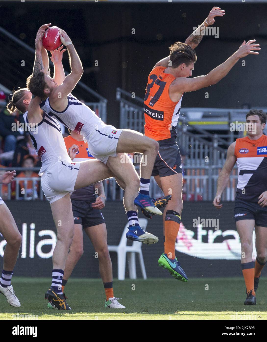 Hayden Crozier of the Dockers takes a mark during the Round 19 AFL ...