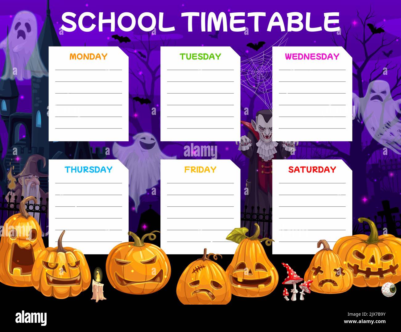 Halloween timetable schedule. Cartoon pumpkins, ghosts, castle and ...