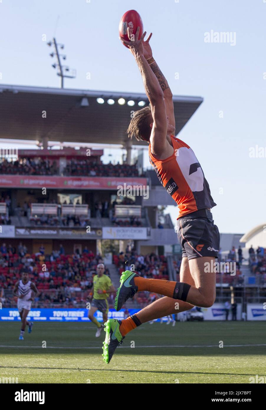 Rory Lobb of the Giants jumps for a mark during the Round 19 AFL match ...