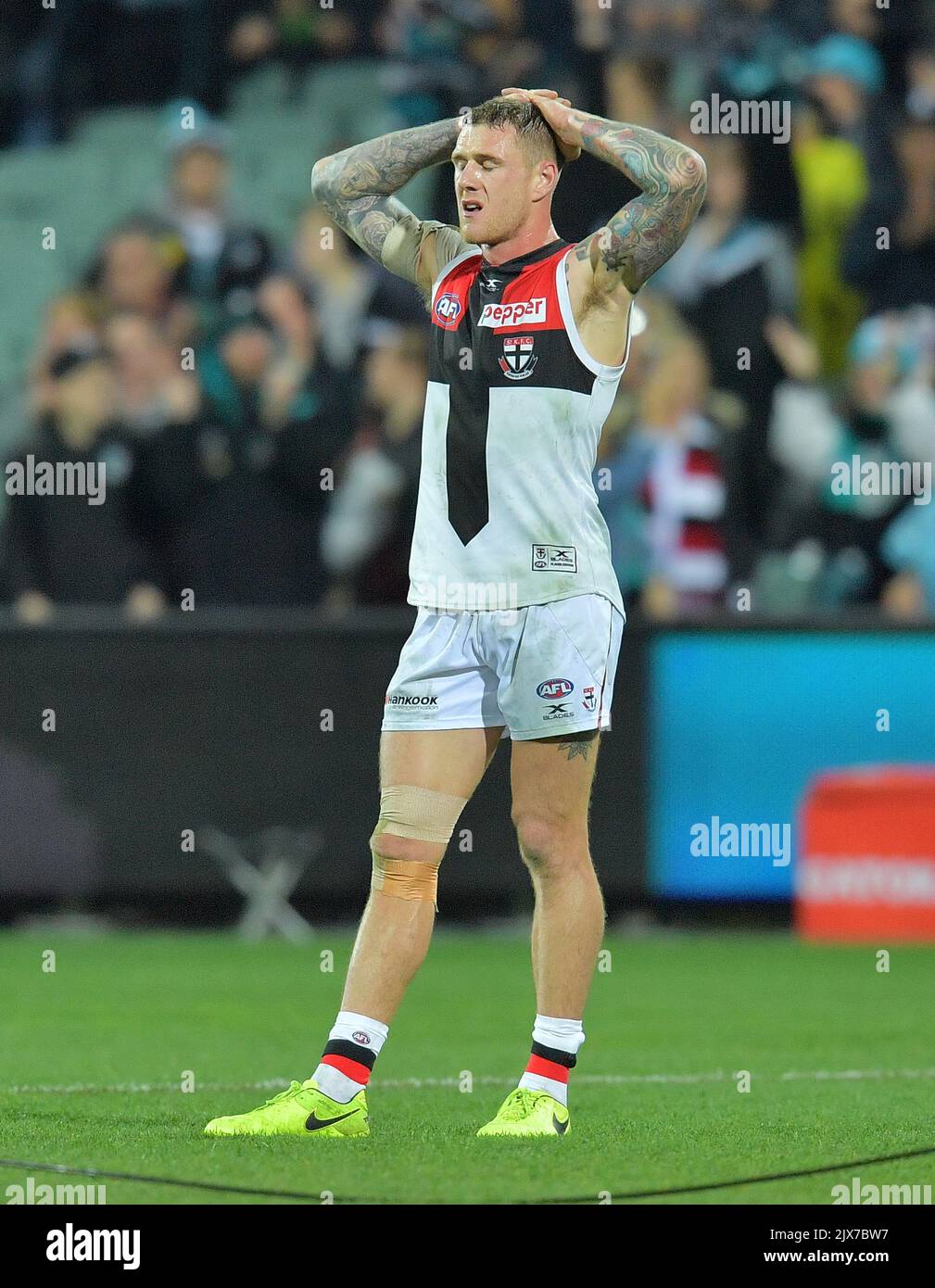 Tim Membrey of the Saints reacts following the Round 19 AFL match ...