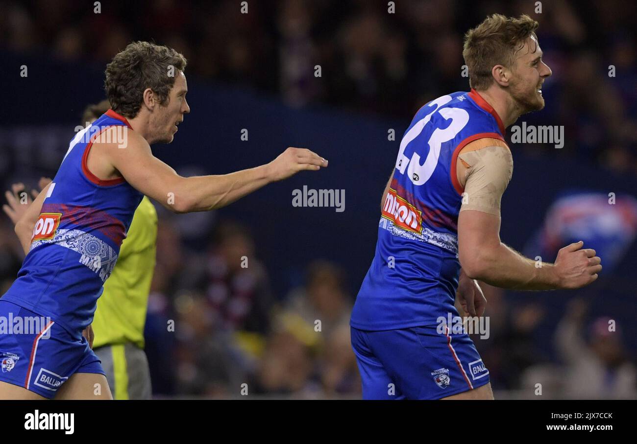 Jordan Roughead of the Western Bulldogs scores a goal during the round ...