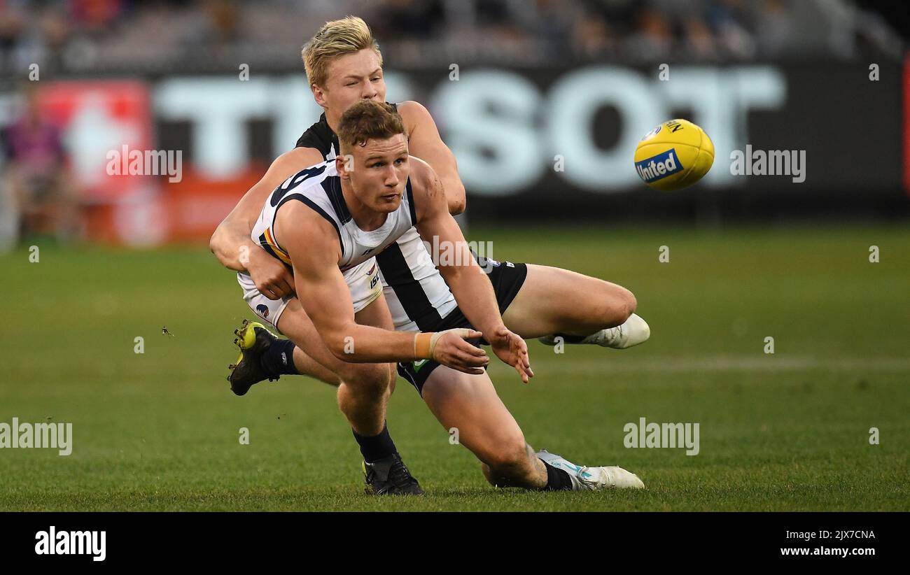 Rory Laird of the Crows (left) and Jordan de Goey of the Magpies ...