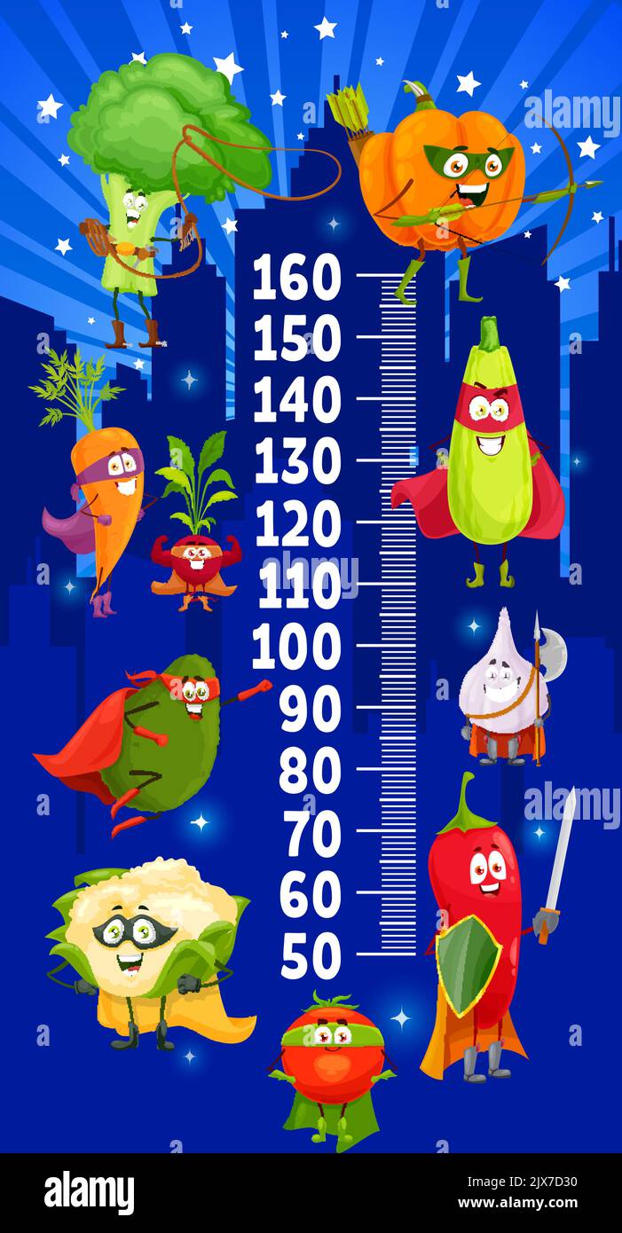 Kids height chart with cartoon vegetable superheroes growth meter ...
