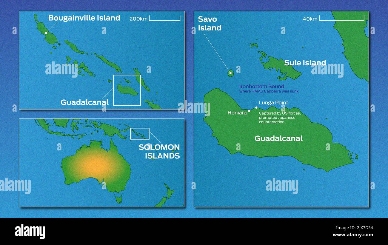 Graphic showing locations in the Solomon Islands where the Guadalcanal ...