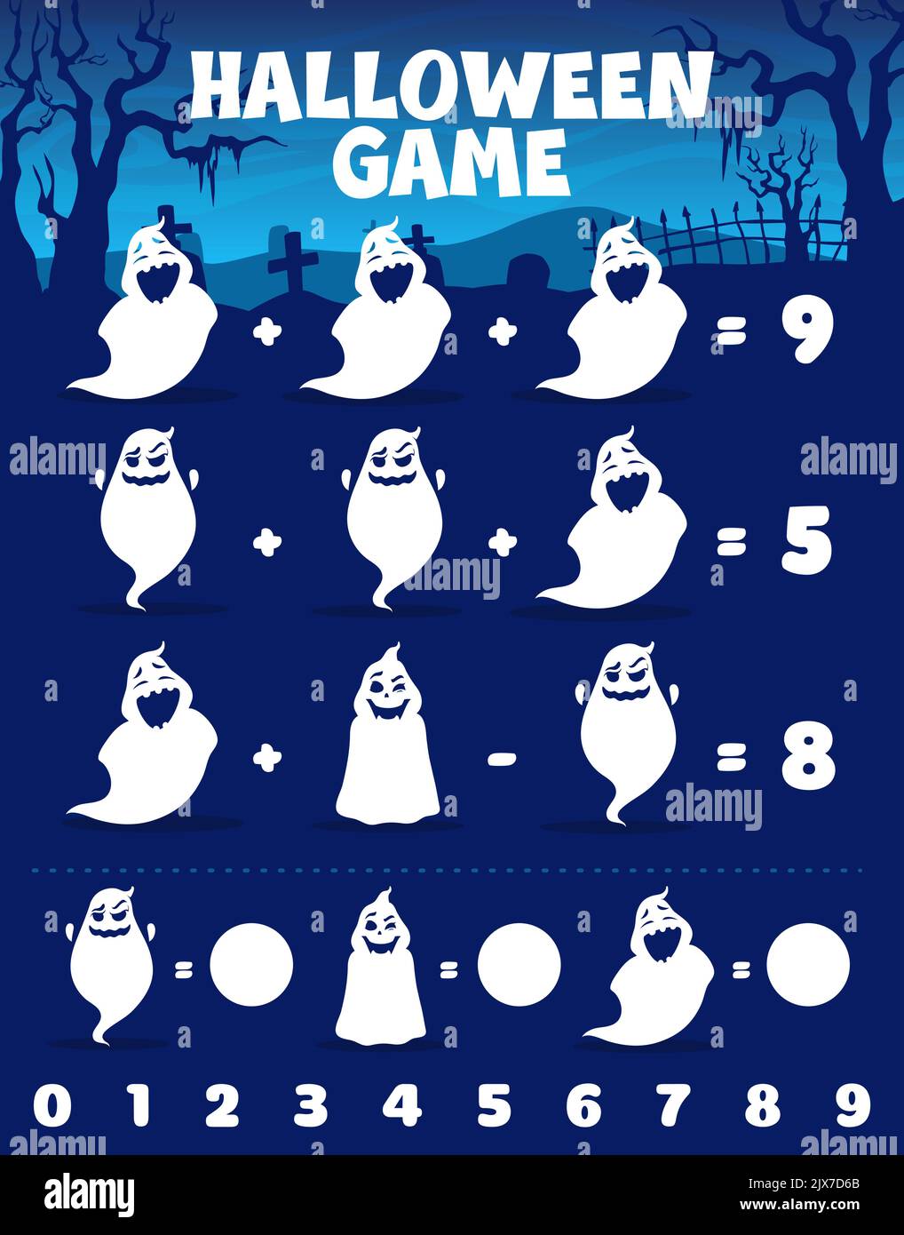 Cartoon Halloween ghost characters. Math game worksheet. Kids math ...