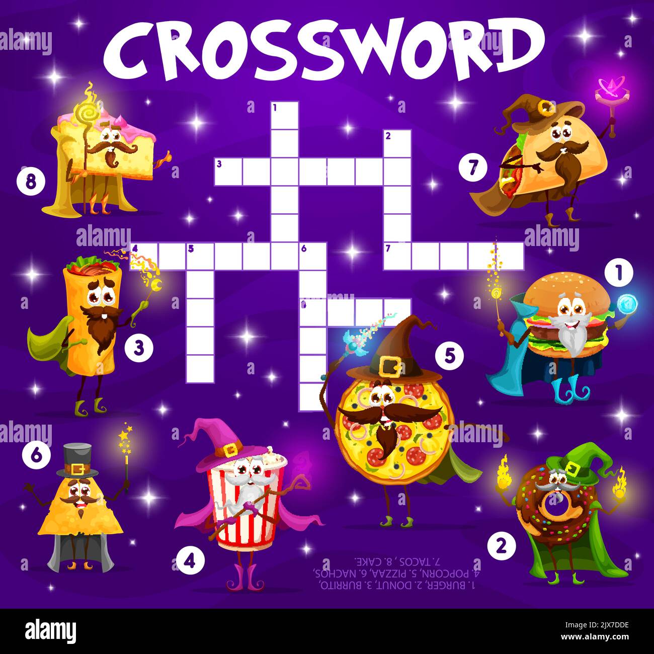 Crossword quiz game grid, Halloween fast food cartoon wizard and mage ...