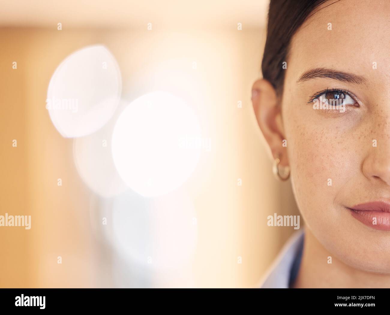 Half face, power and woman or model, serious and vision for success ...