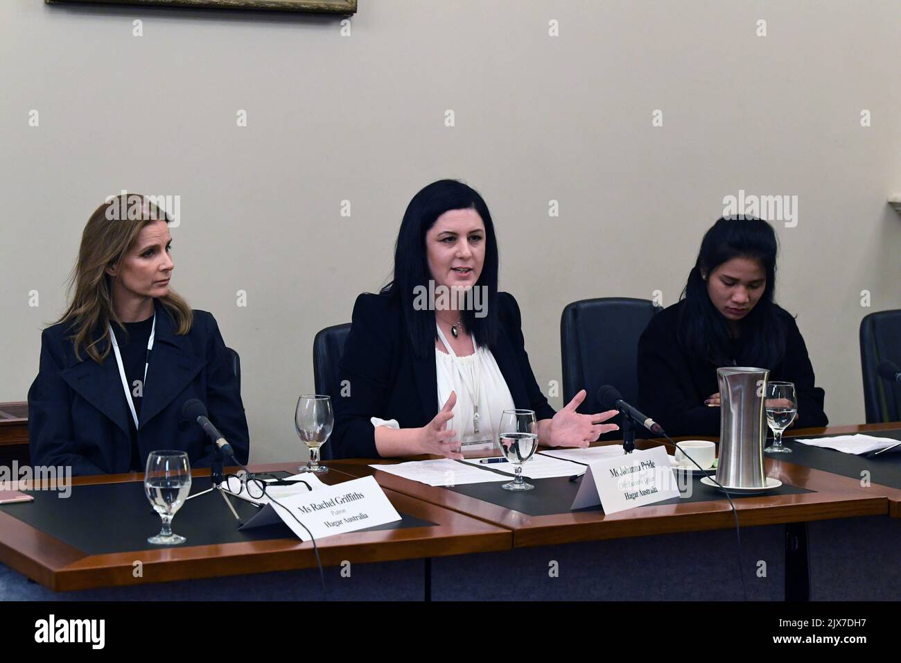 (L-R) Australian actress Rachel Griffiths, Hagar CEO Johanna Pride, and ...