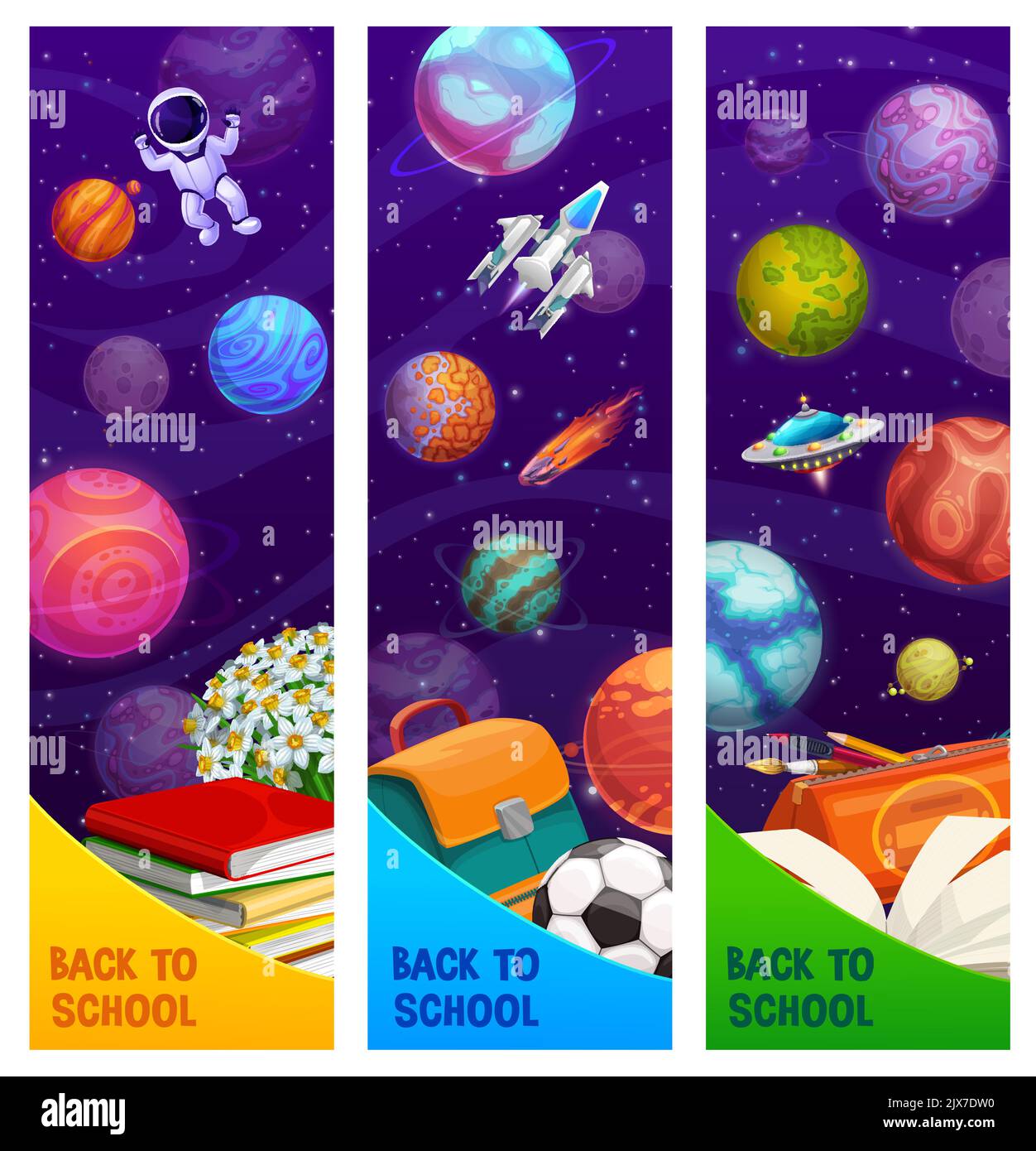 Back to school banners. Space planets, UFO, spaceship and astronaut in ...