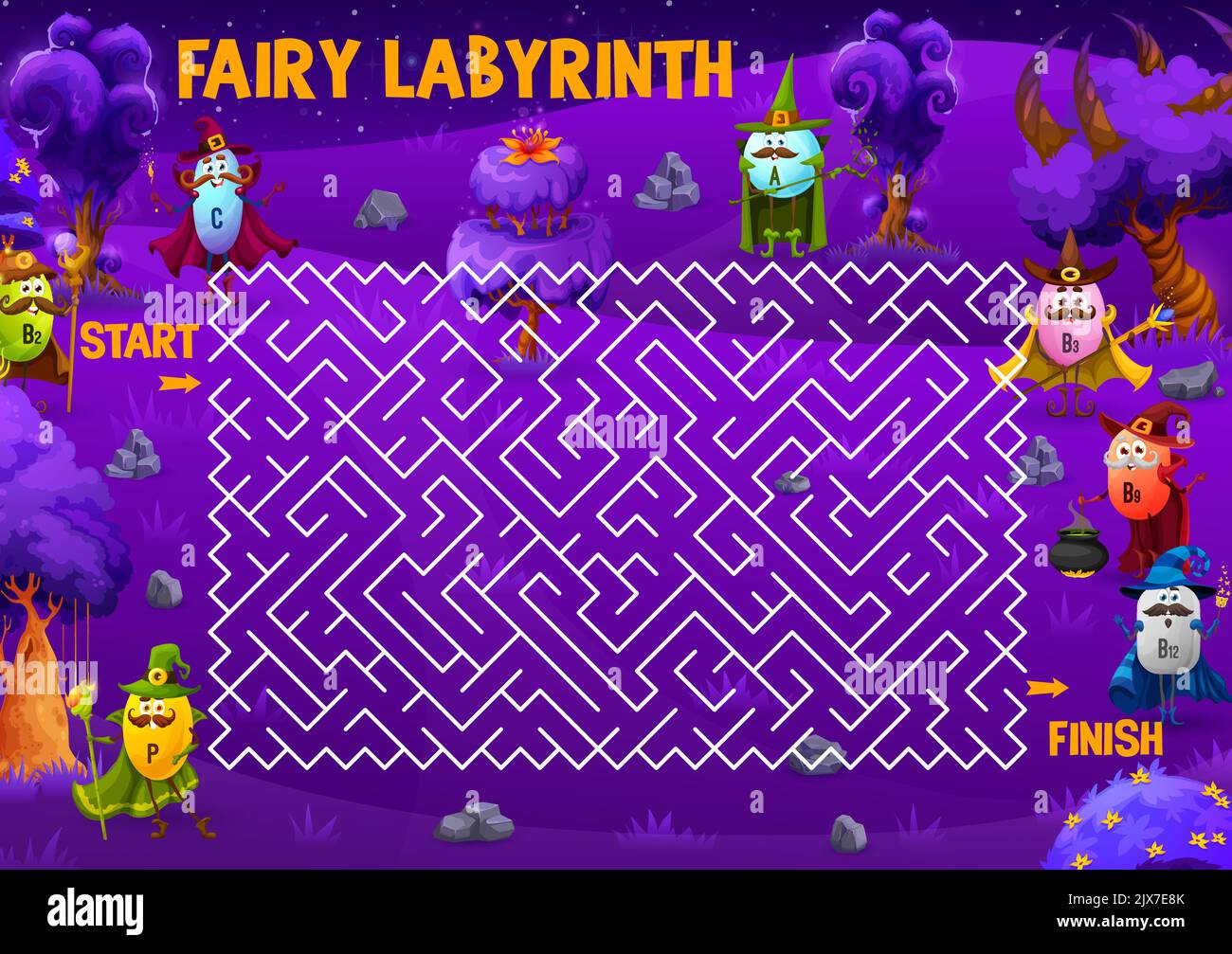 Labyrinth maze game. Cartoon vitamin wizard and mage characters. Child ...