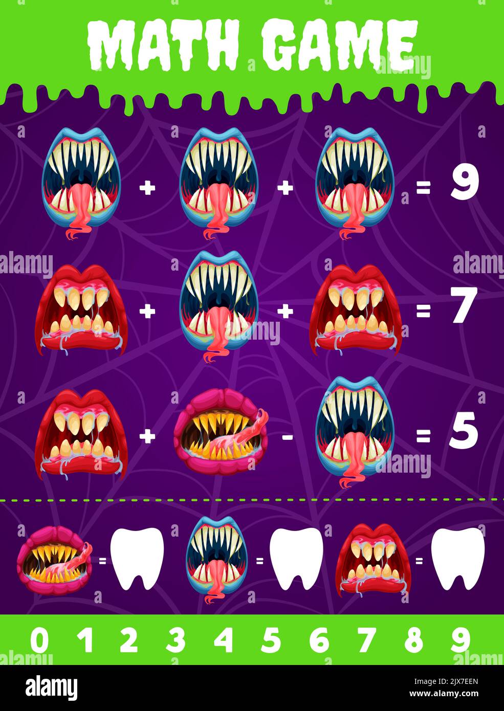 Cartoon demon face, Halloween monster mouth and jaws. Math game ...