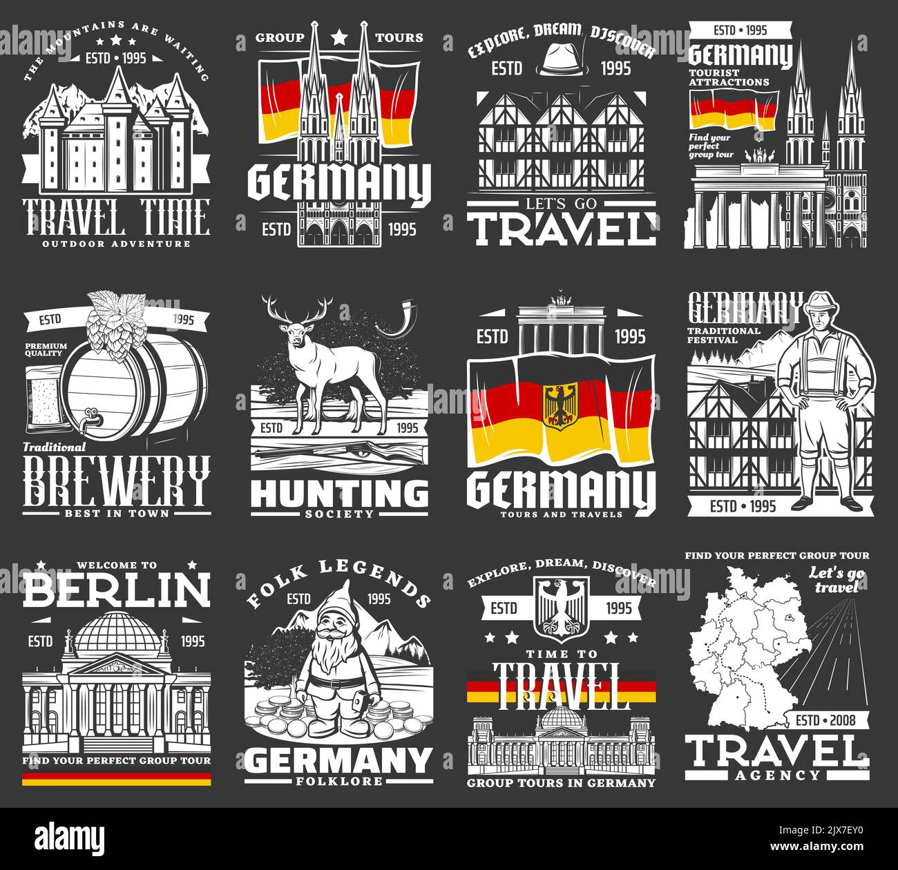 Travel to Germany vector icons, German famous landmarks, sightseeing ...