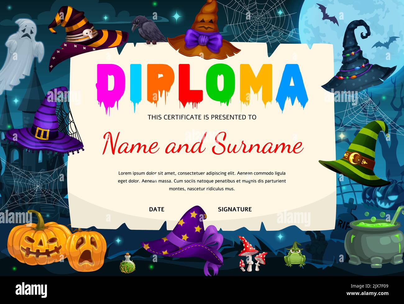 Kids diploma. Halloween witch hats, cemetery, pumpkin lanterns and ...