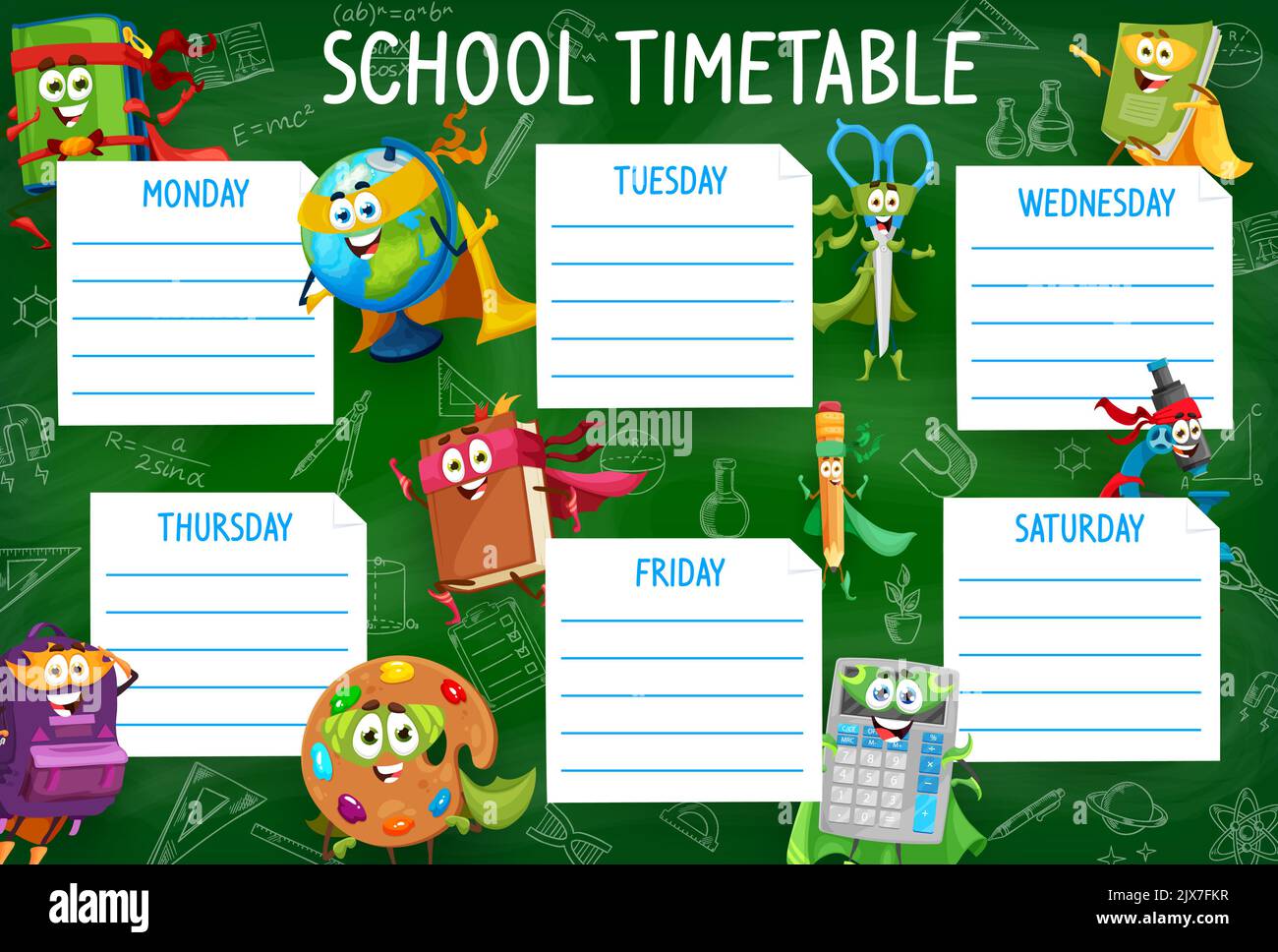 Timetable schedule. Cartoon school education superhero characters ...