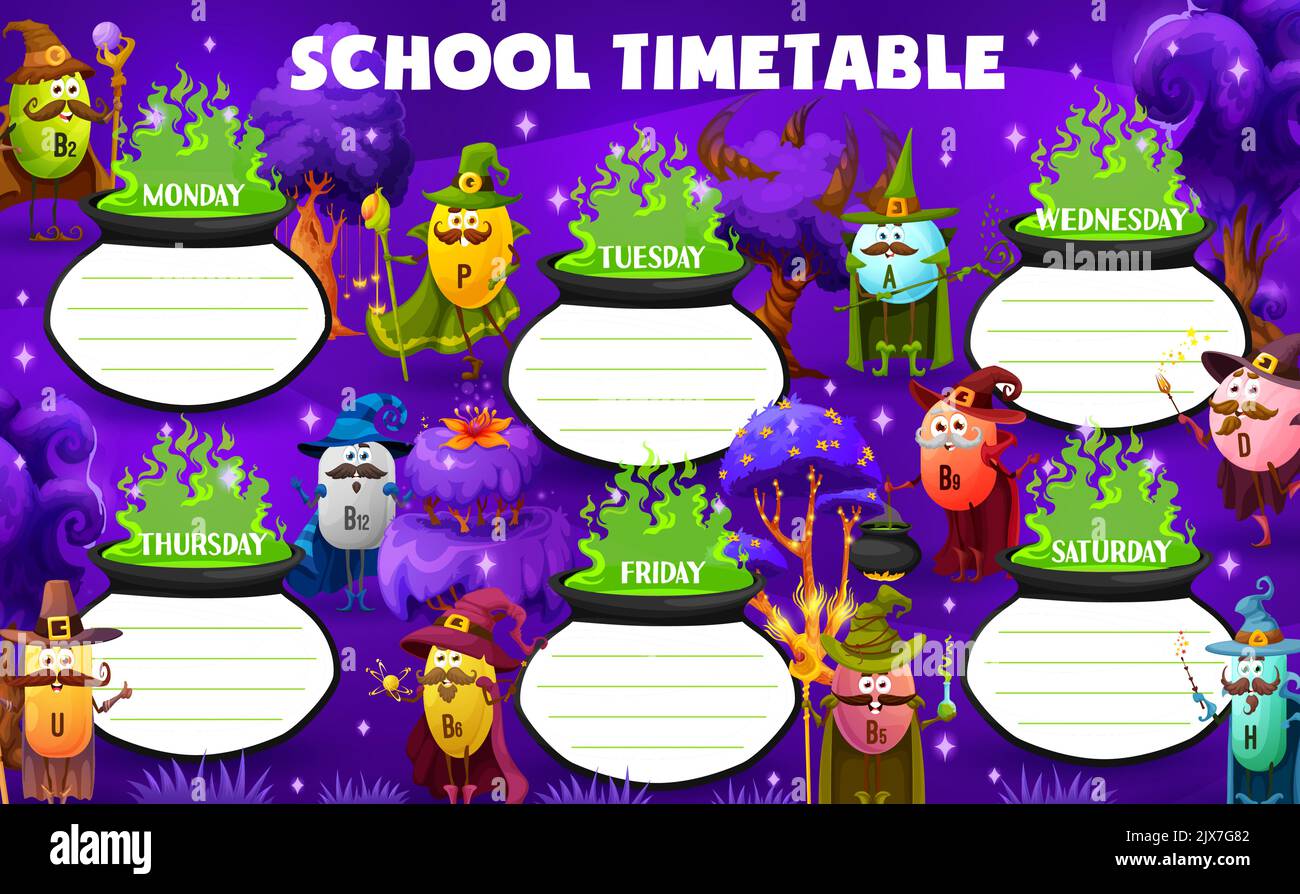 Education timetable schedule. Cartoon vitamin wizard and mage ...