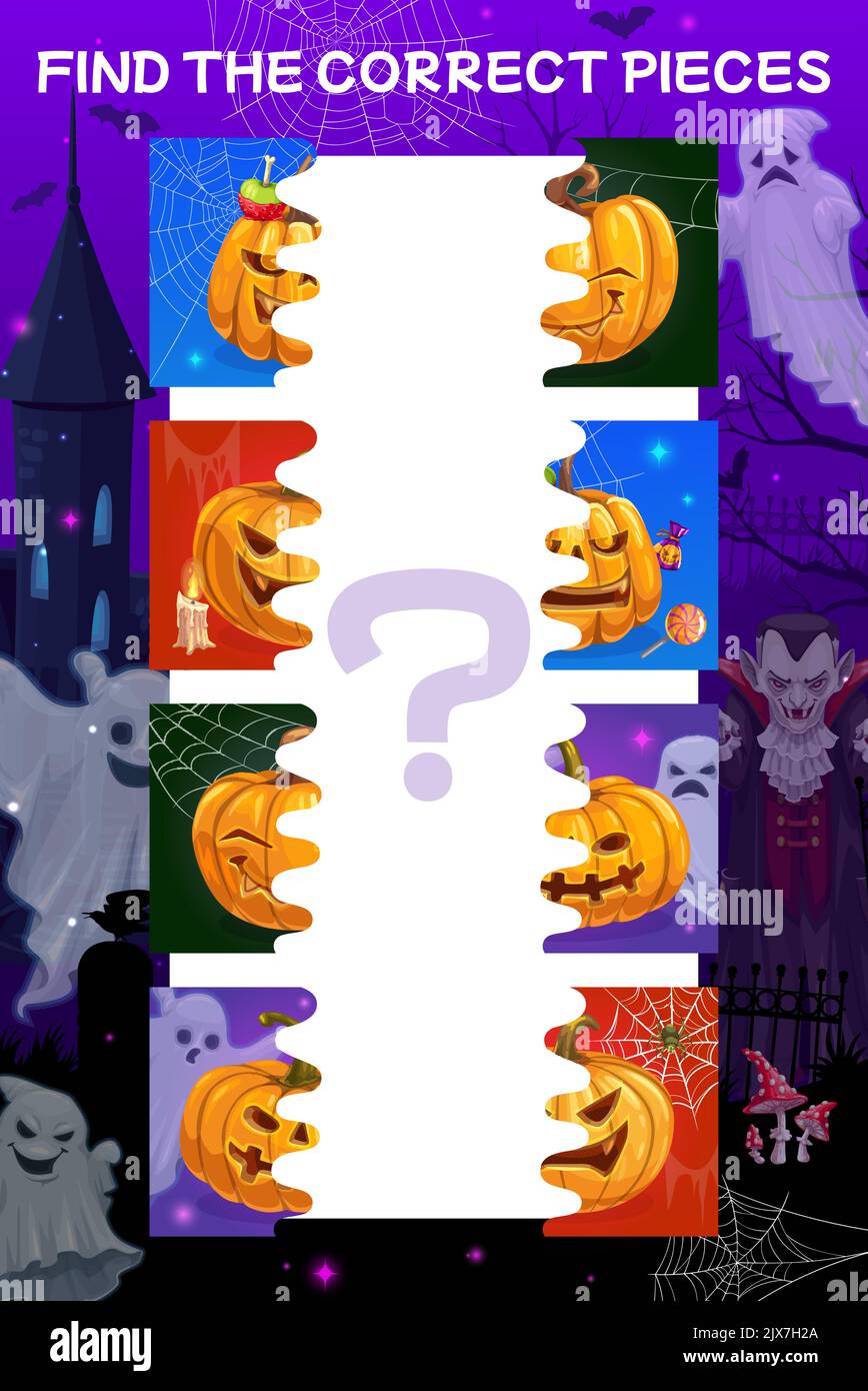 Find the correct half piece of Halloween pumpkin. Piece connect puzzle ...