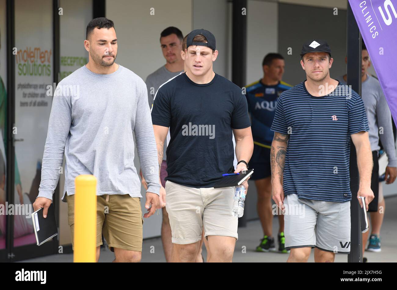 (L-R) Ryan James, Jarrod Wallace and Kane Elgey arrive for the the Gold ...