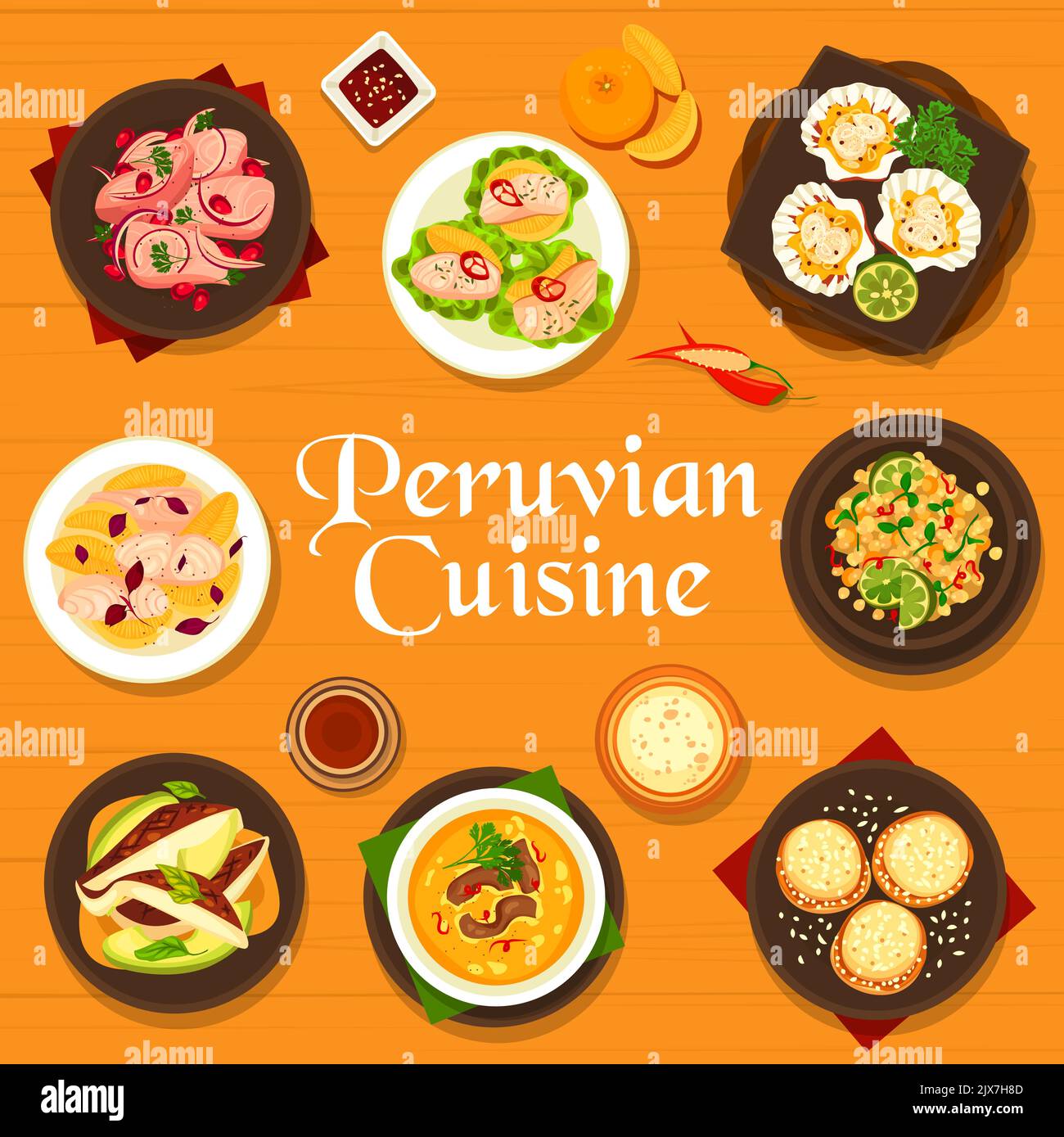 Peruvian cuisine menu cover design template. Beef corn chowder, fish ...