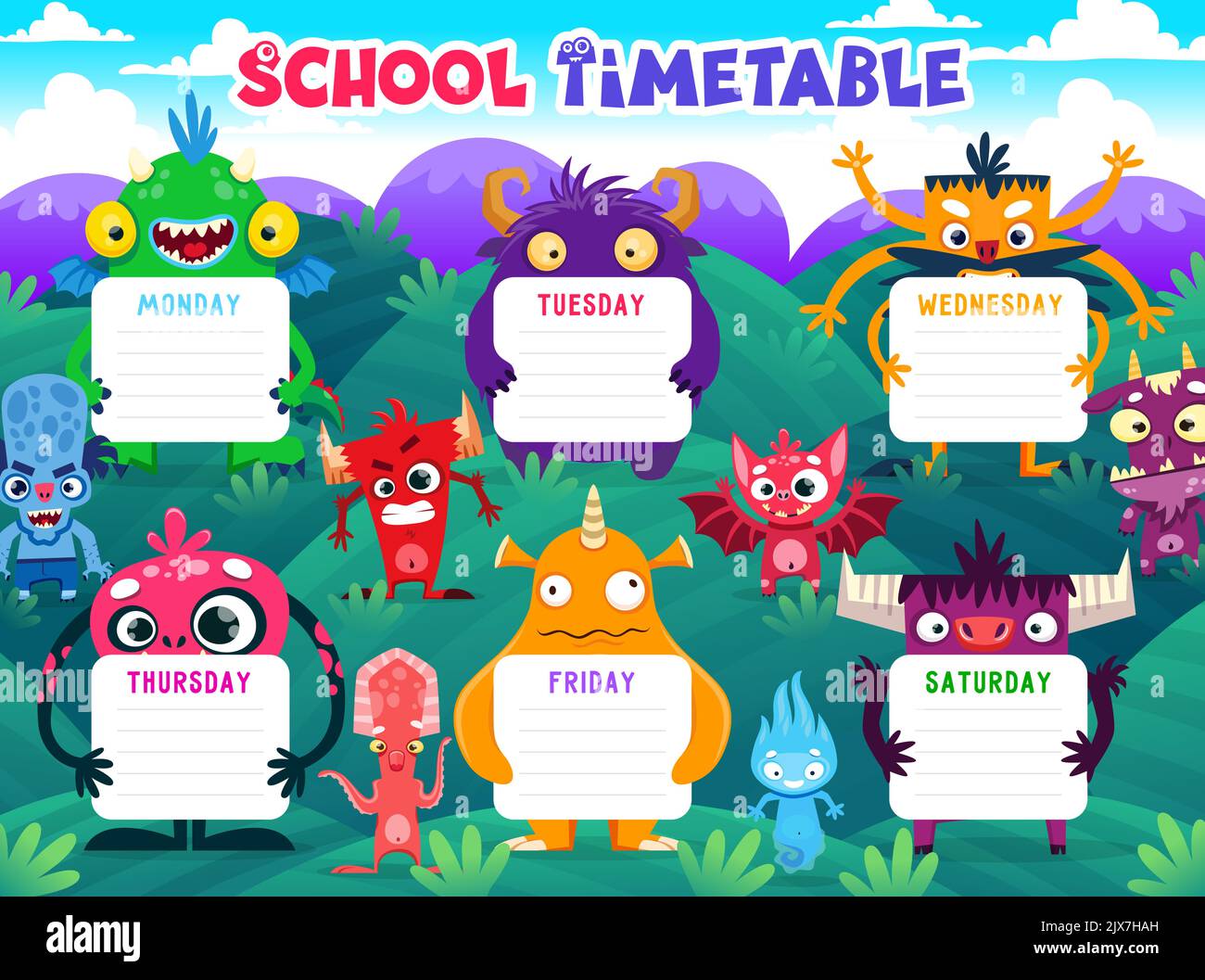 Timetable schedule. Cartoon monster characters. Child education planner ...
