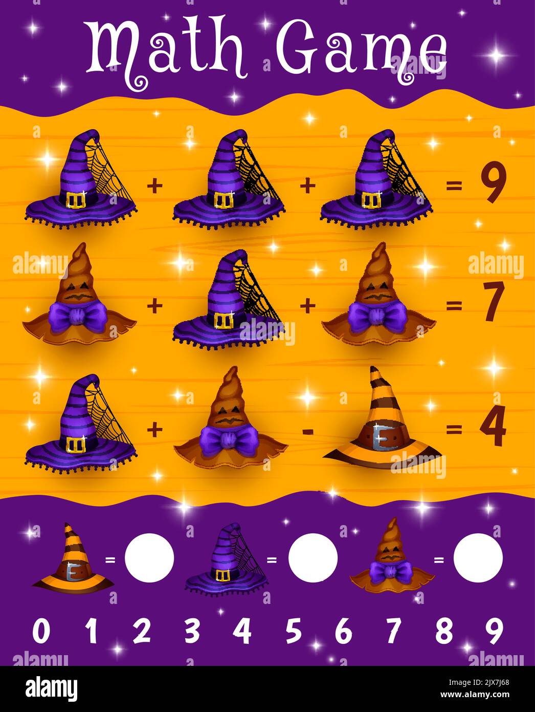 Halloween witch hats. Math game worksheet. Children Halloween ...