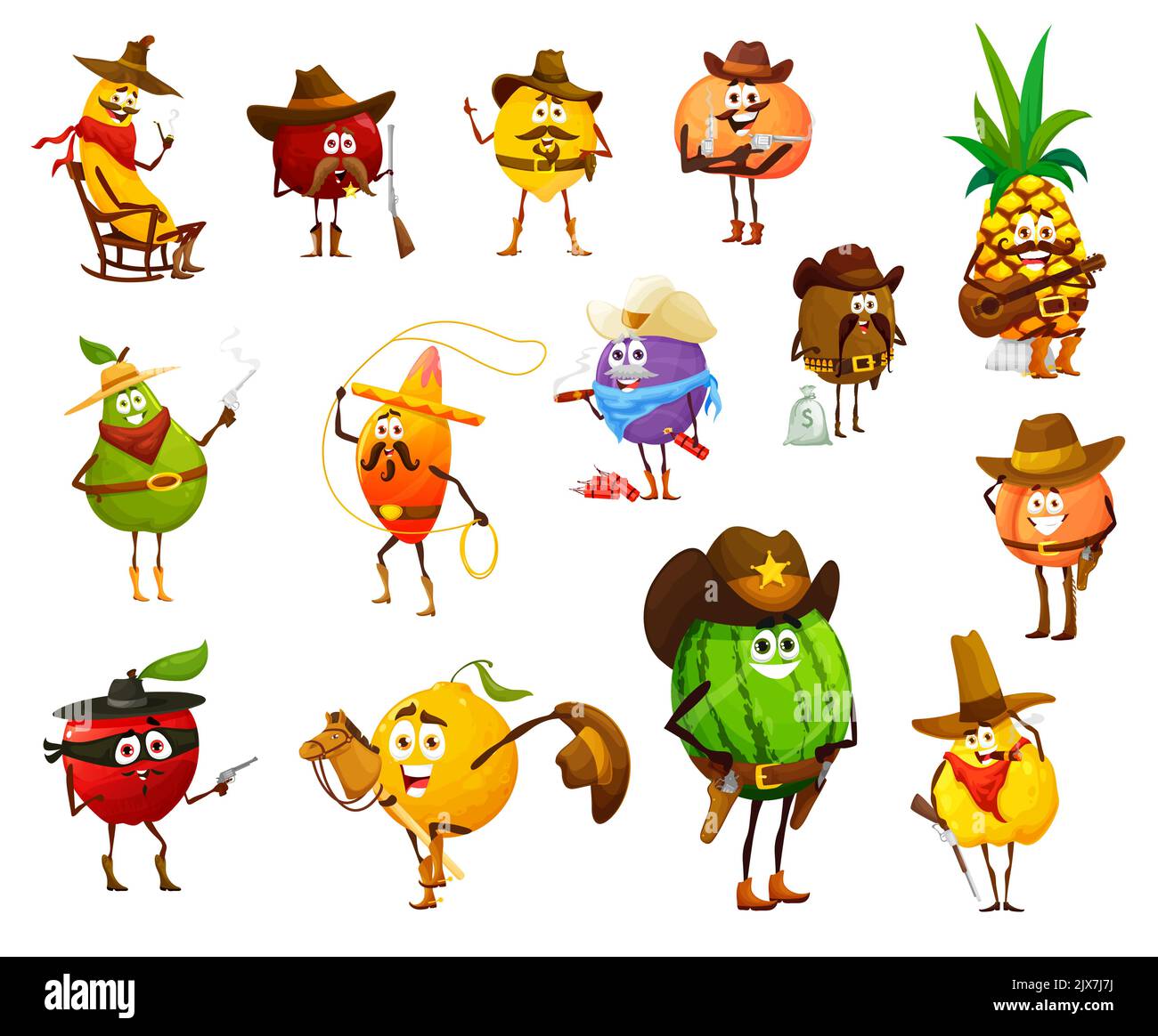 Cartoon cowboy, sheriff, robber, bandit and ranger fruit characters ...