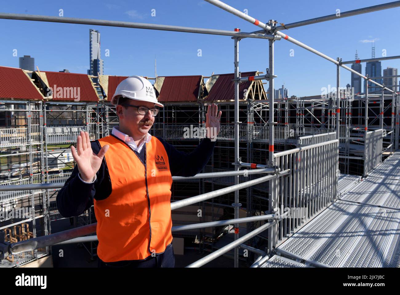 Pop-up Globe Founder Dr Miles Gregory poses for photographs during a ...