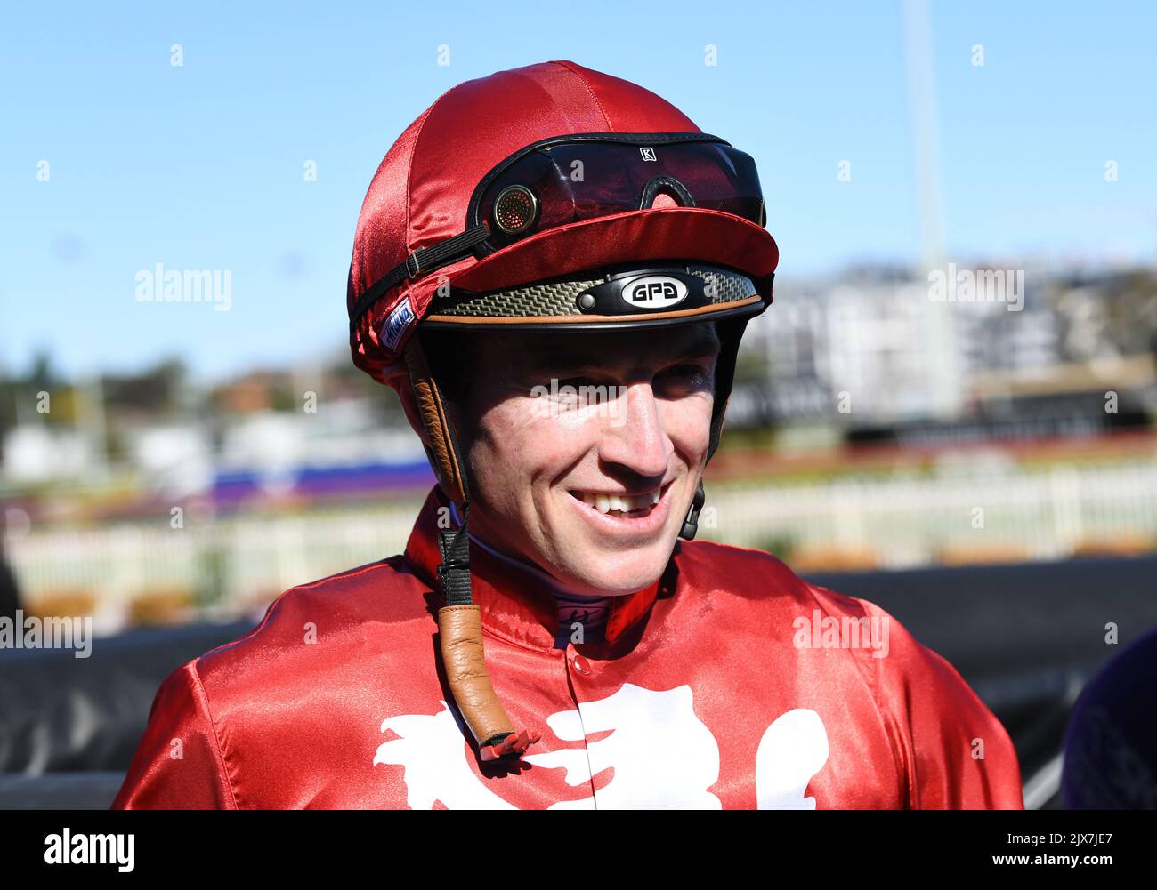 Jockey Joshua Parr smiles while being interviewed after winning the ...